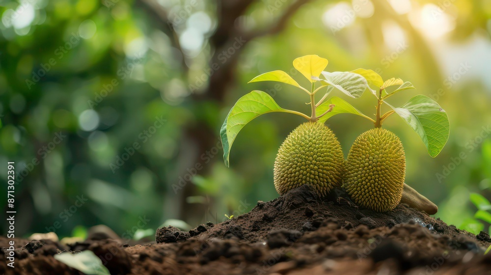 Jackfruit seedlings are thriving in the rich soil against a lush green ...