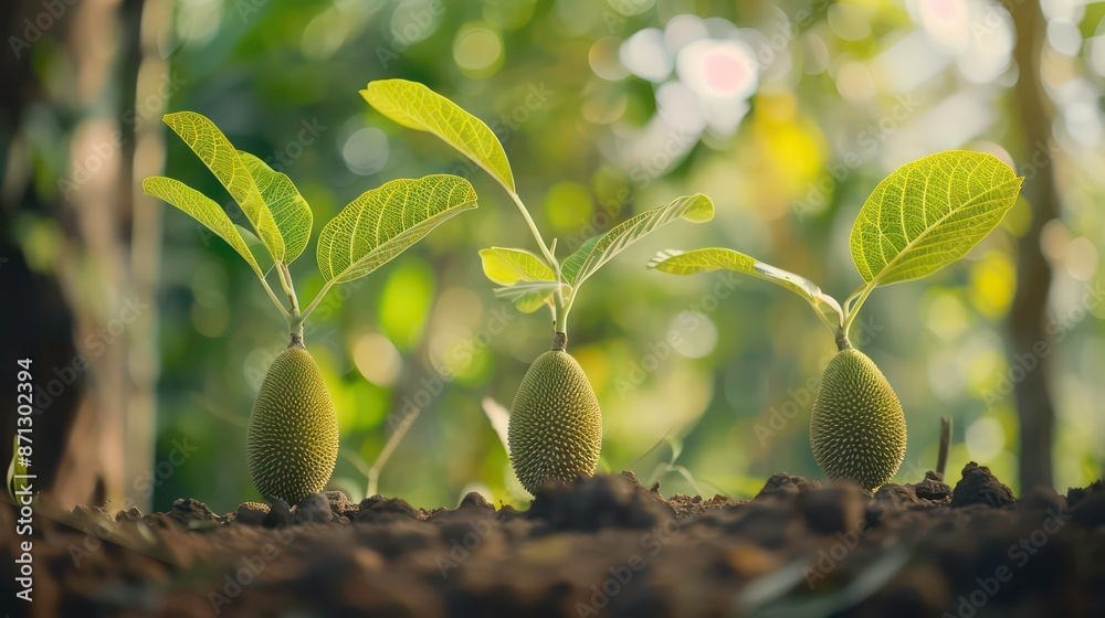 Jackfruit seedlings are thriving in the rich soil against a lush green ...