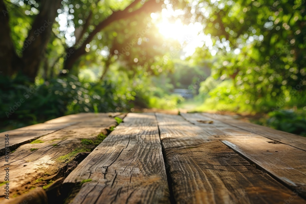 The picture of the wood table in the middle of the forest that ...