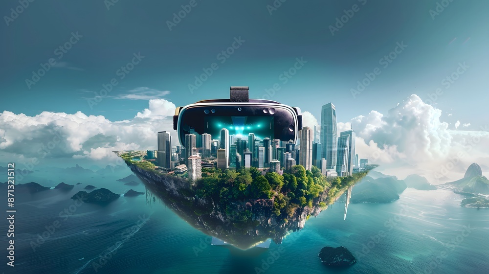 Virtual reality headset with immersive digital landscapes., clean ...