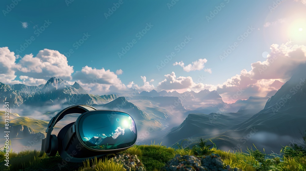 Virtual reality headset with immersive digital landscapes., clean ...