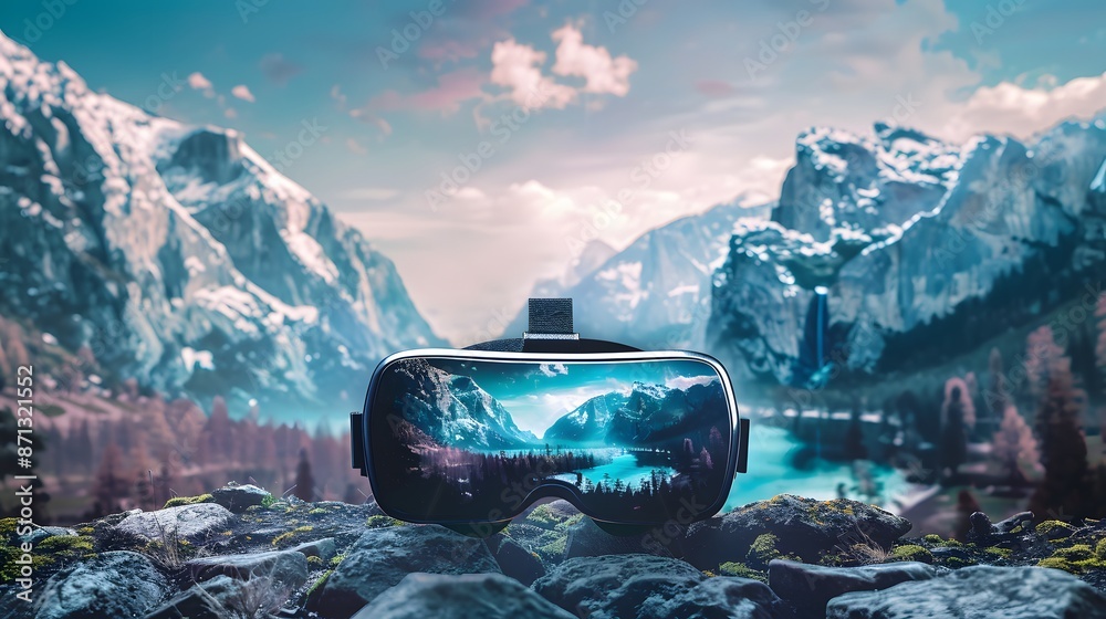 Virtual reality headset with immersive digital landscapes., clean ...