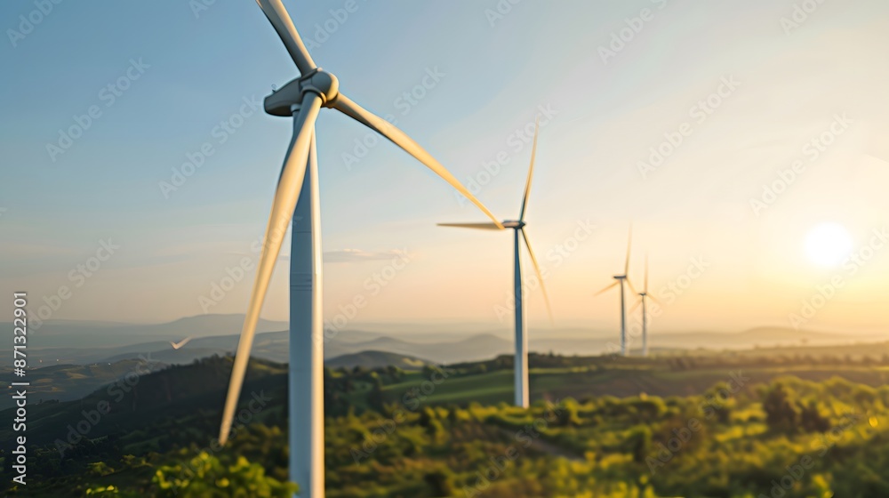 Renewable energy wind turbines in a wind farm., clean background, Photo ...