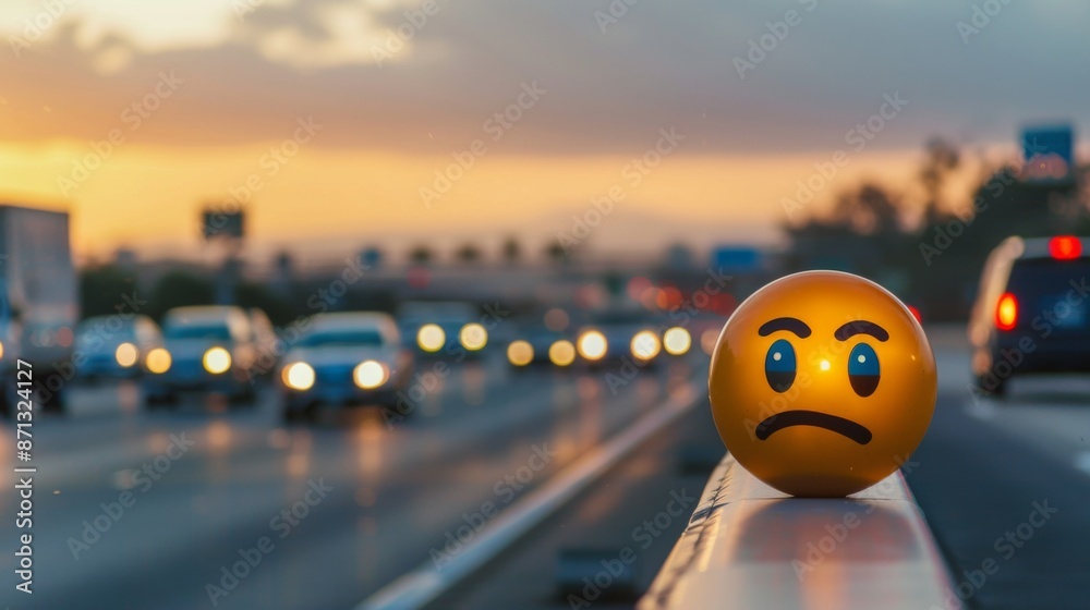 Sad Emoji on a Highway Barrier at Sunset for Road Safety and Traffic ...