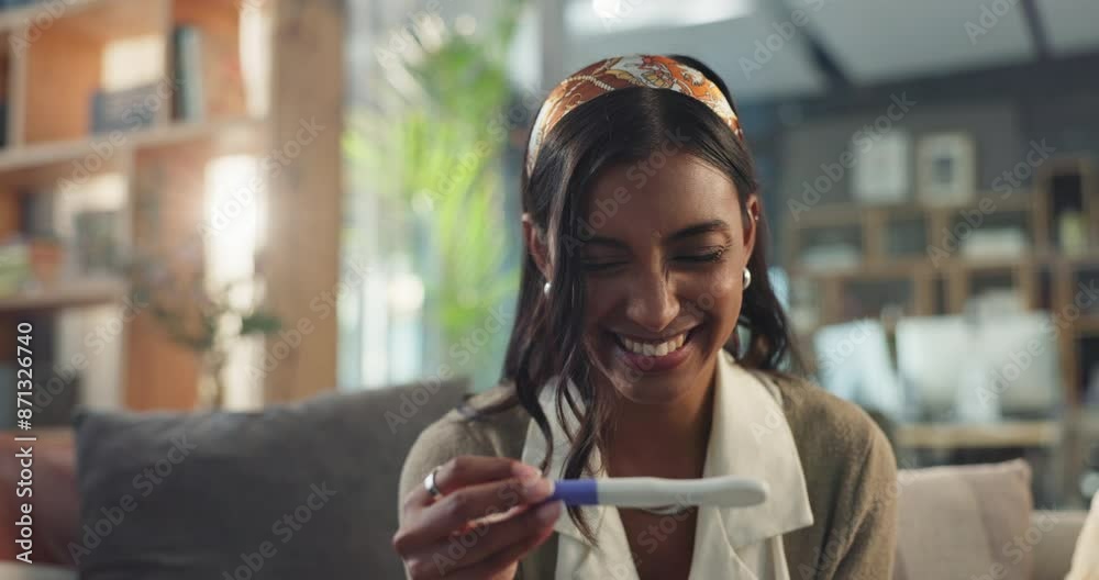 Excited woman, pregnancy test and joy with positive results for ...