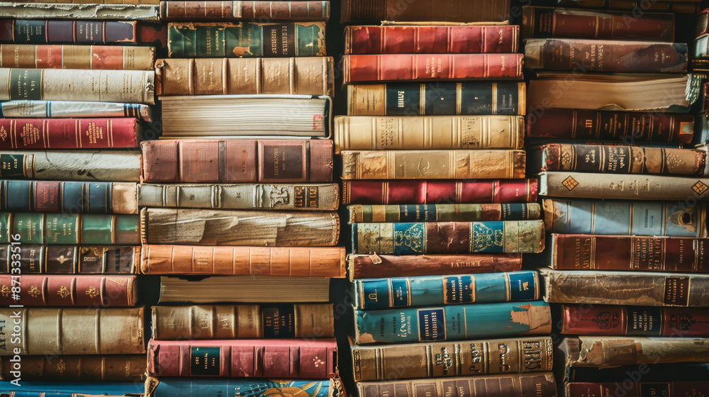 Stacks of vintage books, with worn covers and weathered pages, fill the ...