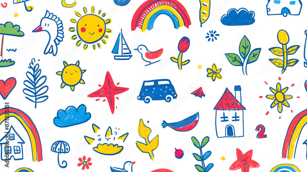 Seamless pattern of a set of doodle items drawn by a child. House, sun ...