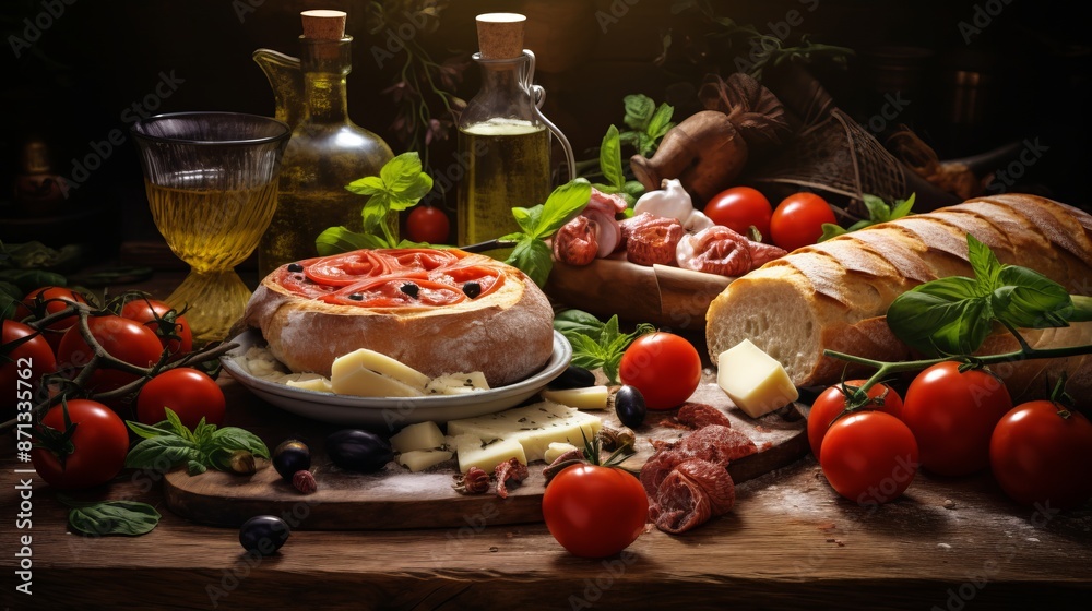 Artistic italian homemade food background with rustic ingredients and ...