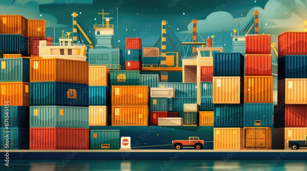 Colorful shipping containers stacked at a busy port with cranes and ...