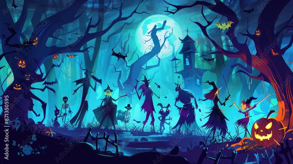 Spooky Halloween forest scene with silhouettes of witches, ghosts, and ...