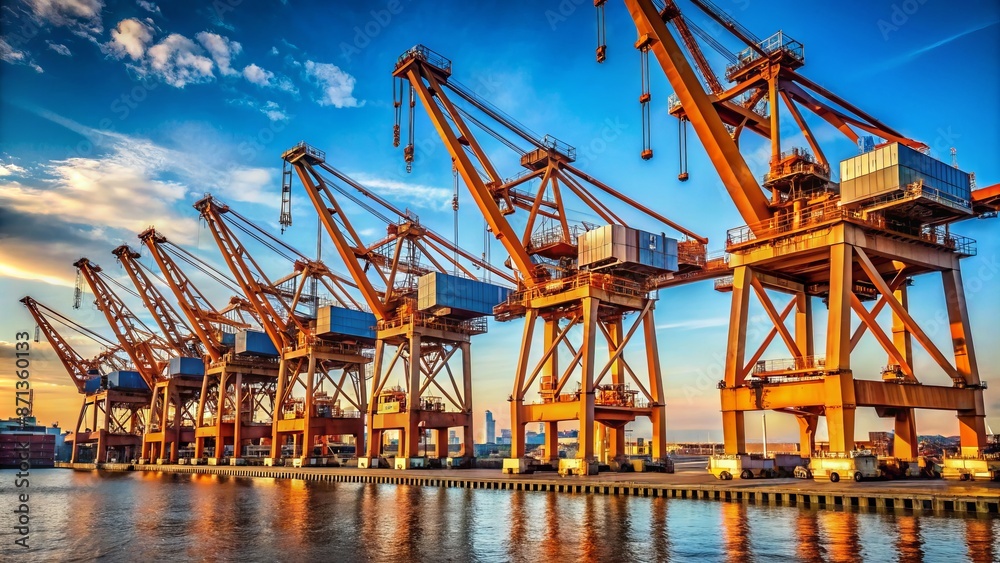 Massive steel gantry cranes towering above dockyards, dominant machines ...