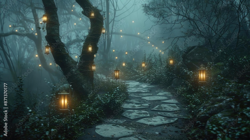 Magical forest path illuminated by glowing lanterns and fairy lights ...