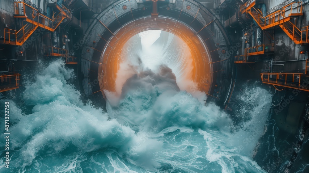 Powerful Water Flow in Hydroelectric Turbine. Close-up view of powerful ...