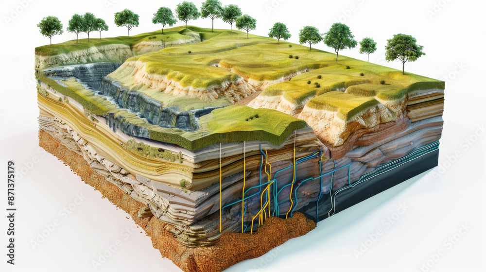 A cross-sectional geological model illustrating various layers of the ...