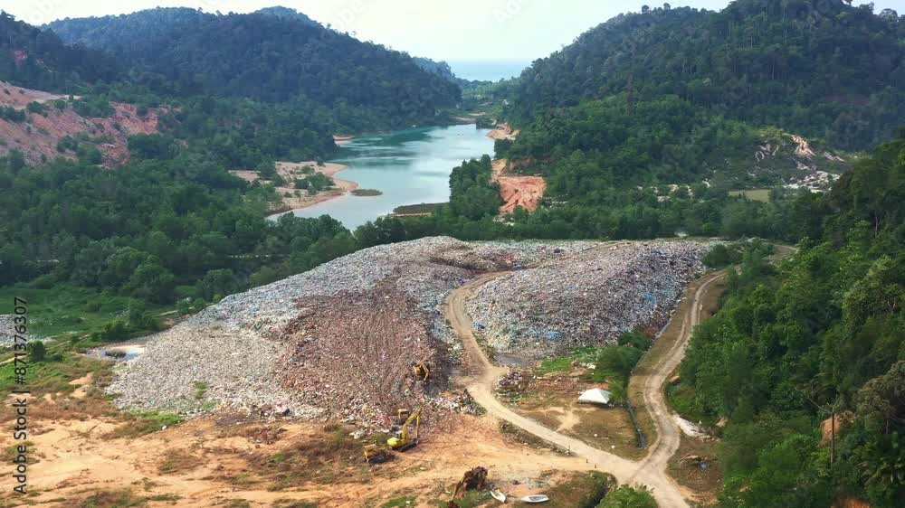 Massive landfill site with unsorted wastes, showcasing environmental ...