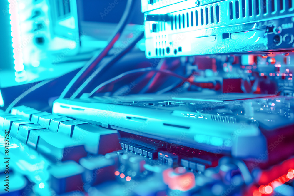 Background illustration of a computer with wiring and cables connecting ...