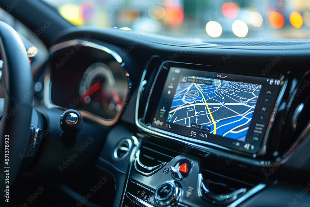 Car dashboard screen displaying navigation in luxury vehicle interior ...