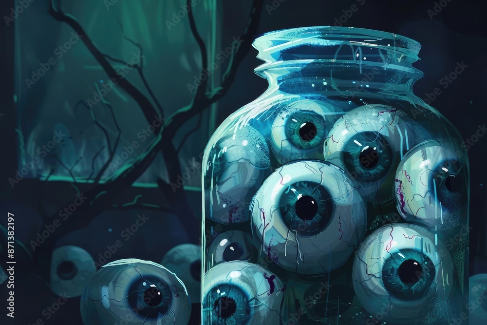 Jar filled with eerie eyeballs in a dark, creepy setting, perfect for ...
