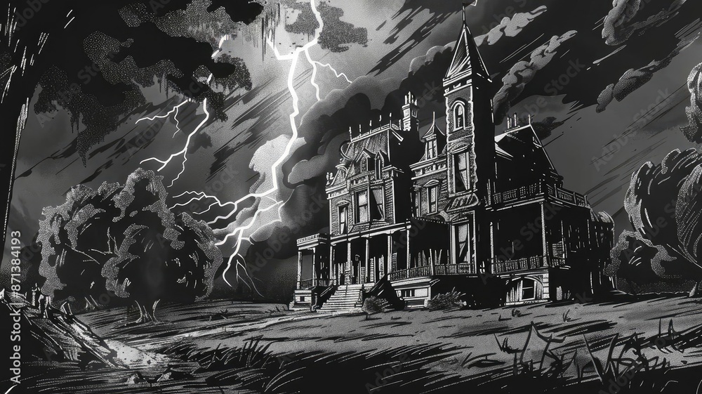 Spooky mansion under a stormy sky with lightning striking, creating an ...