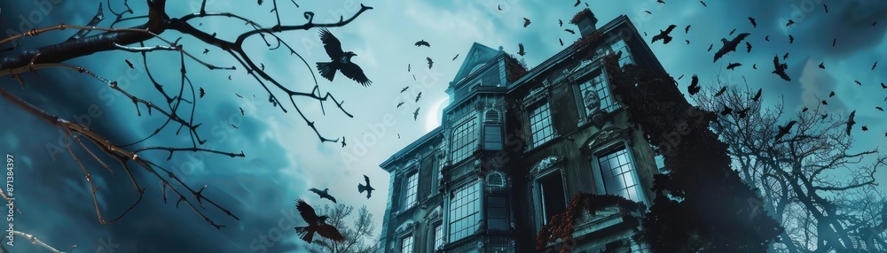 Spooky, abandoned mansion under a dark, stormy sky with flying crows and bare trees, creating a ...