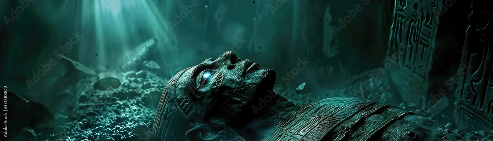 Eerie underwater scene featuring an ancient, decayed statue lying on ...