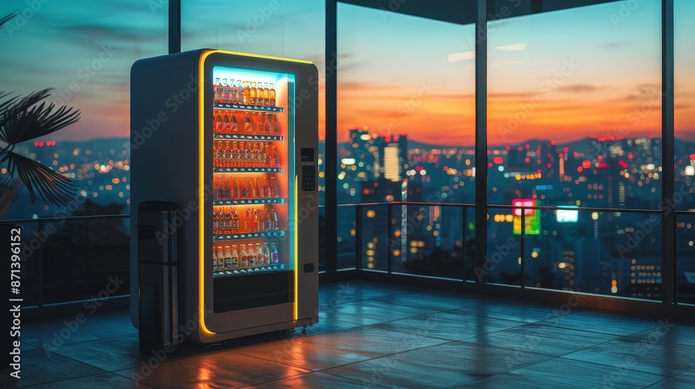 Futuristic vending machine dispensing a glowing drink, sleek and ...
