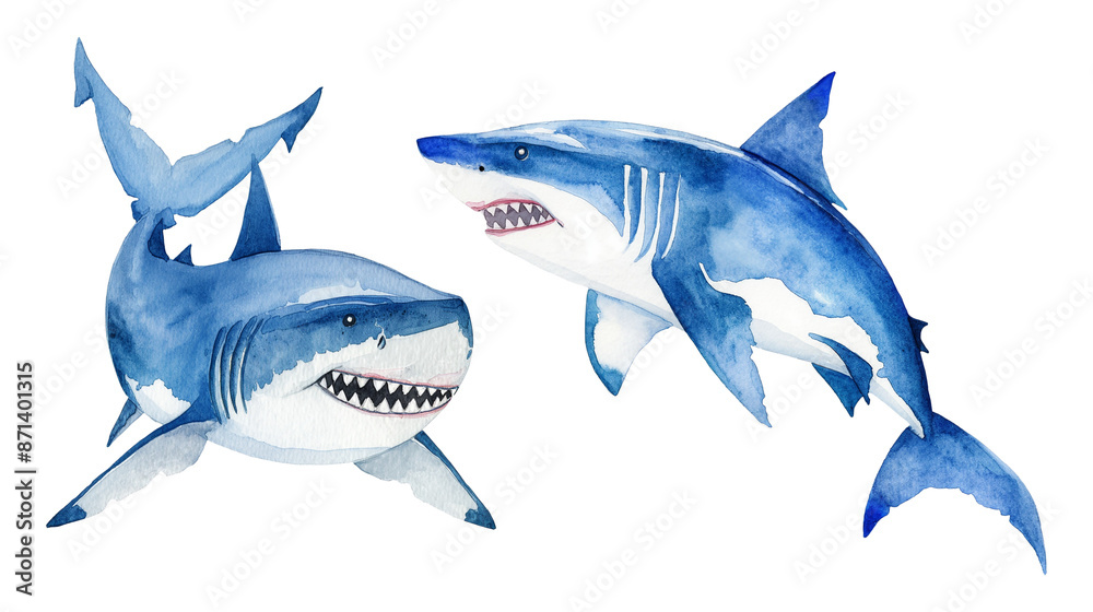 Watercolor vibrant ferocious blue and white sharks ready to attack ...