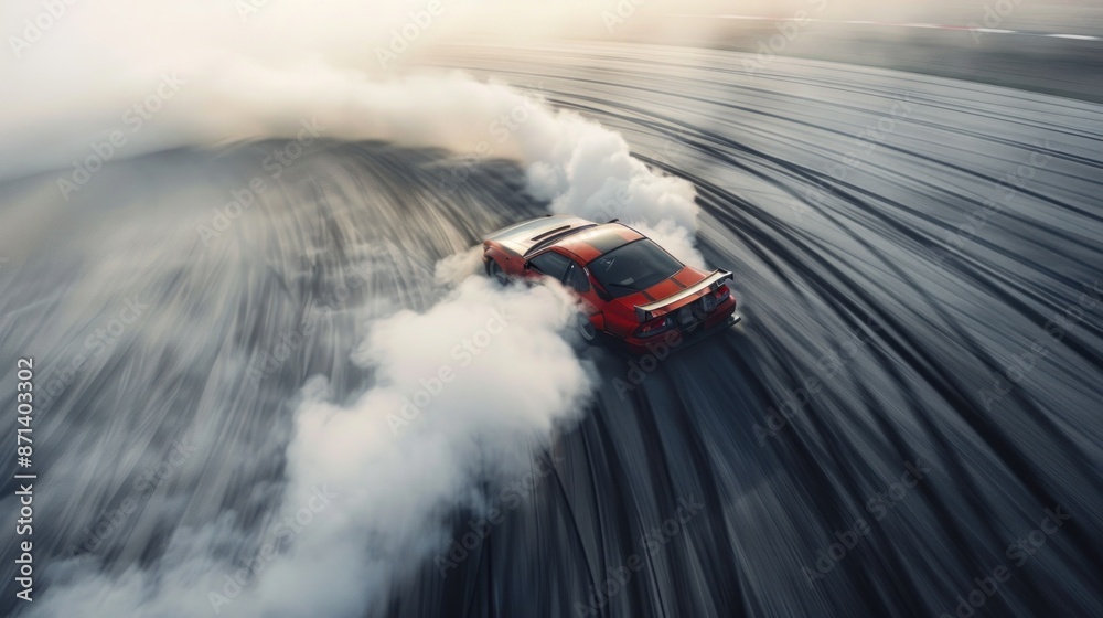 High-angle shot of a race car drifting on a racetrack, creating a ...