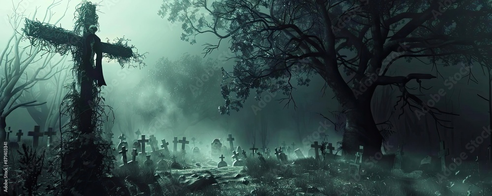 Eerie, foggy graveyard with creepy scarecrows and a twisted tree under a dim, moonlit night sky ...