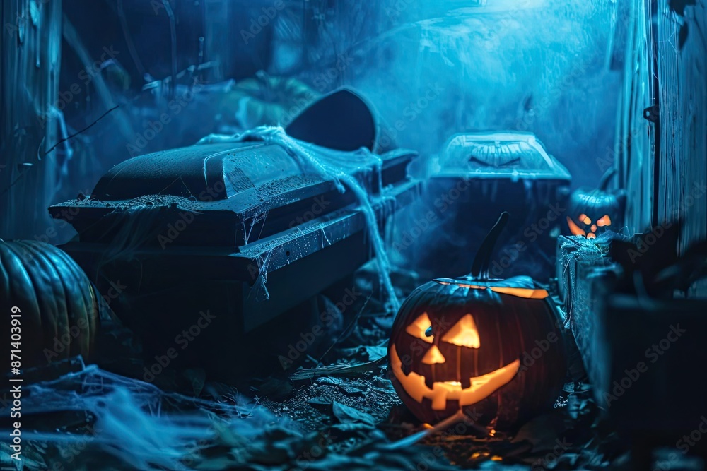 Spooky Halloween scene with glowing Jack-o'-lantern and cobweb-covered ...