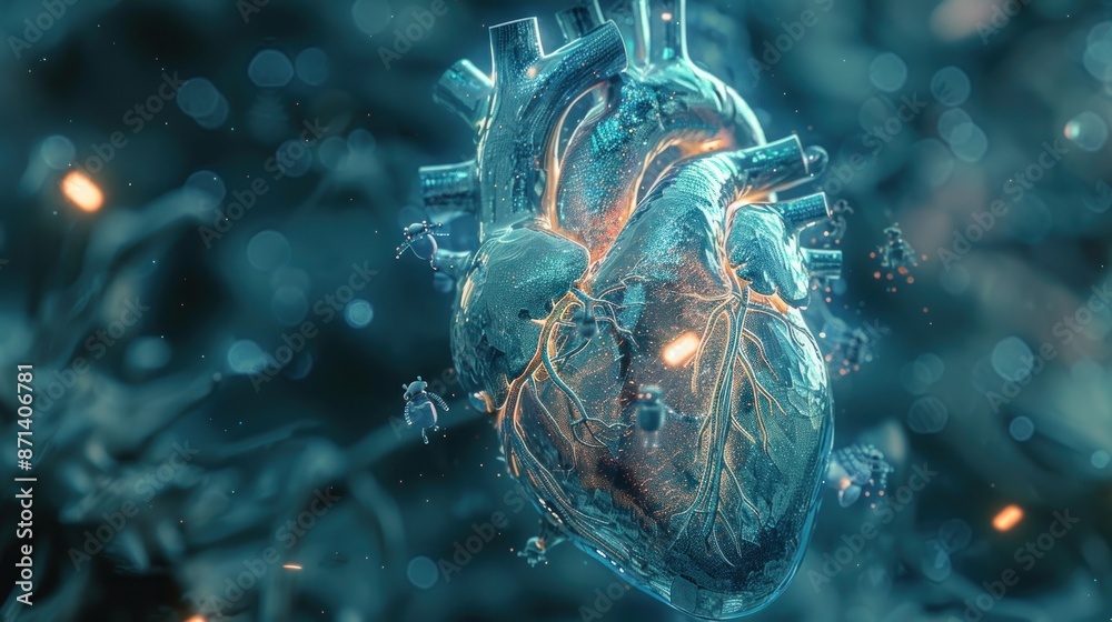 3D holographic image of human heart with translucent layers showing ...