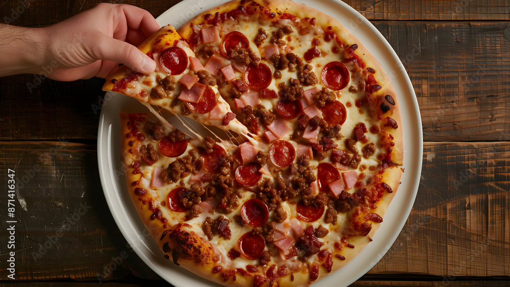 Meat lover pizza top view topped on the cozy wood table. A hand picked ...