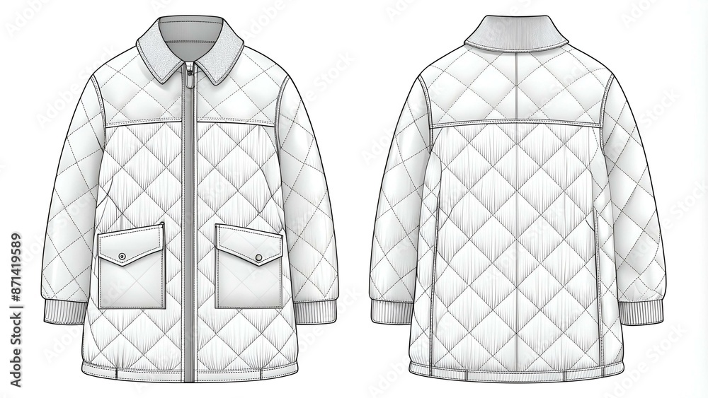 Women's quilted padded Jacket technical fashion Illustration. Oversize ...
