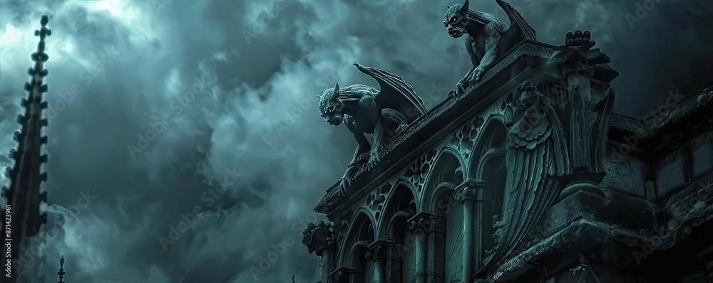 Eerie gothic architecture with dramatic clouds and gargoyles, perfect ...