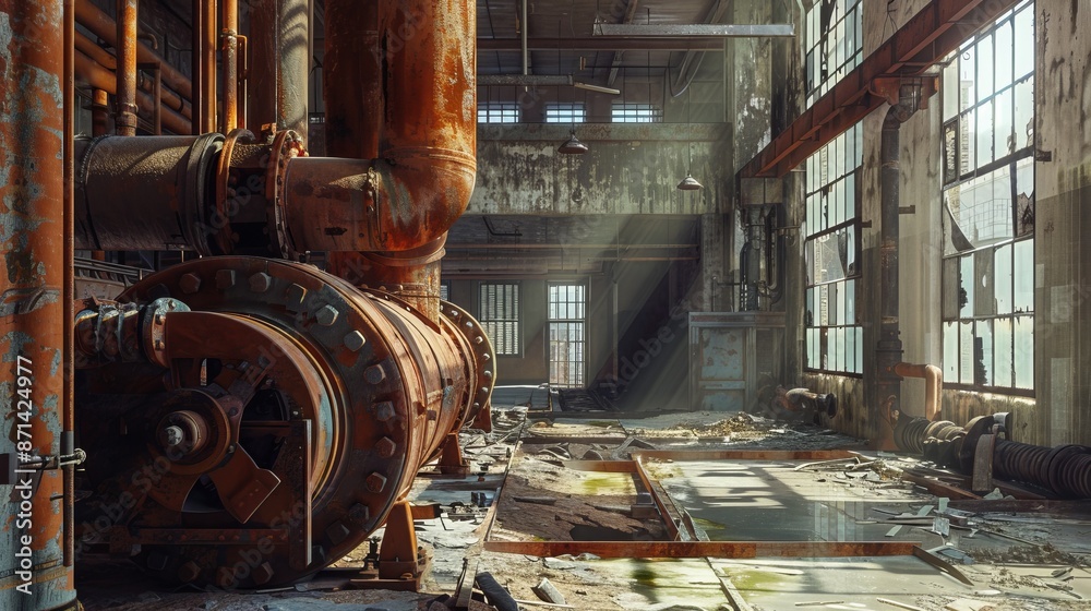An Abandoned Old Factory, massive rusted pipes and valves, debris on ...
