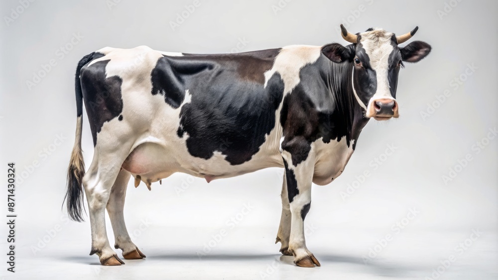 Magnificent upright black and white cow with distinct markings stands ...