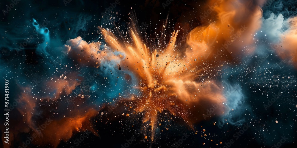 Vibrant explosion of blue and orange dust particles creating a dynamic ...