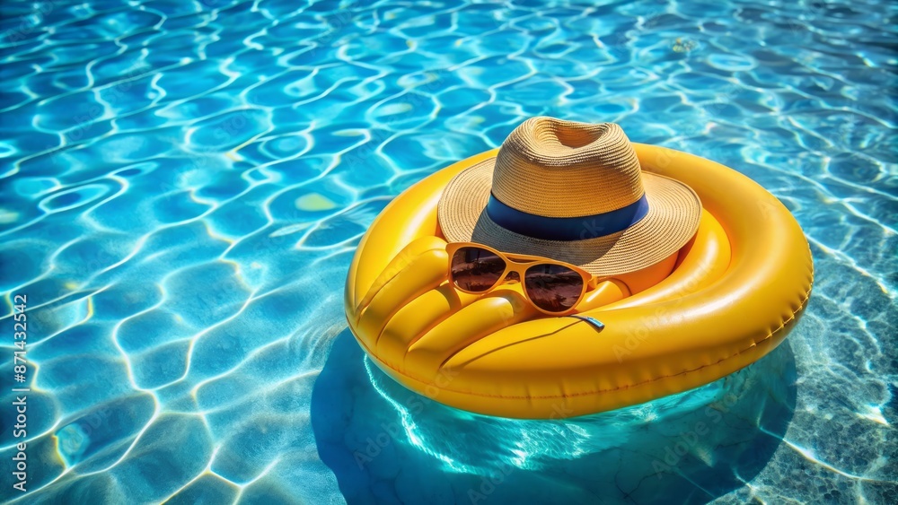 Vibrant yellow inflatable raft with trendy sun hat and sleek sunglasses ...
