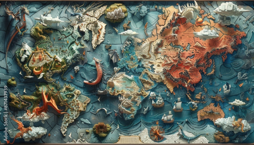Fantasy world map, mythical, pastel colors, sketch, with dragons and ...