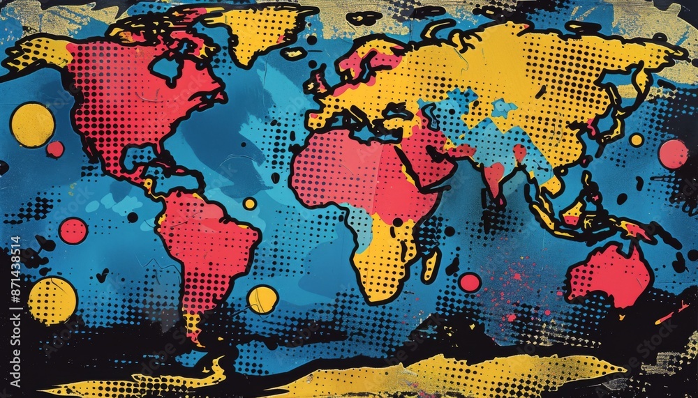 Pop art world map, bold colors, graphic style, comic book aesthetic ...
