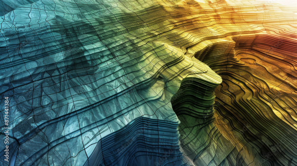 A three-dimensional, colored terrain map reveals the intricate layers ...