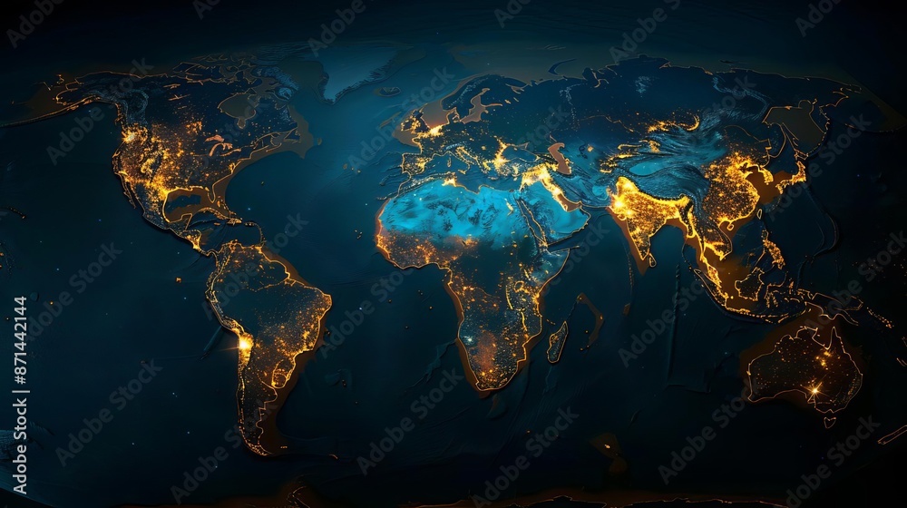 ภาพประกอบสต็อก A detailed, illuminated map of the world at night showing city lights and ...