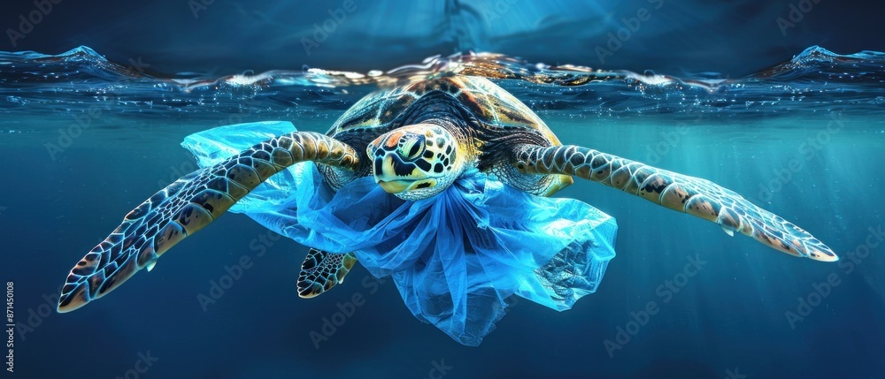Ocean view with a sea turtle mistakenly ingesting a plastic bag ...