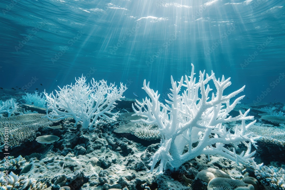 Bright underwater scene of coral reef bleaching, with white corals ...