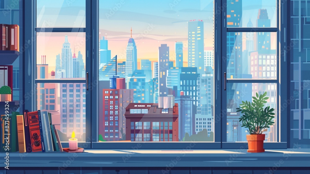 Urban landscape seen from open window, with old town structures, tall ...