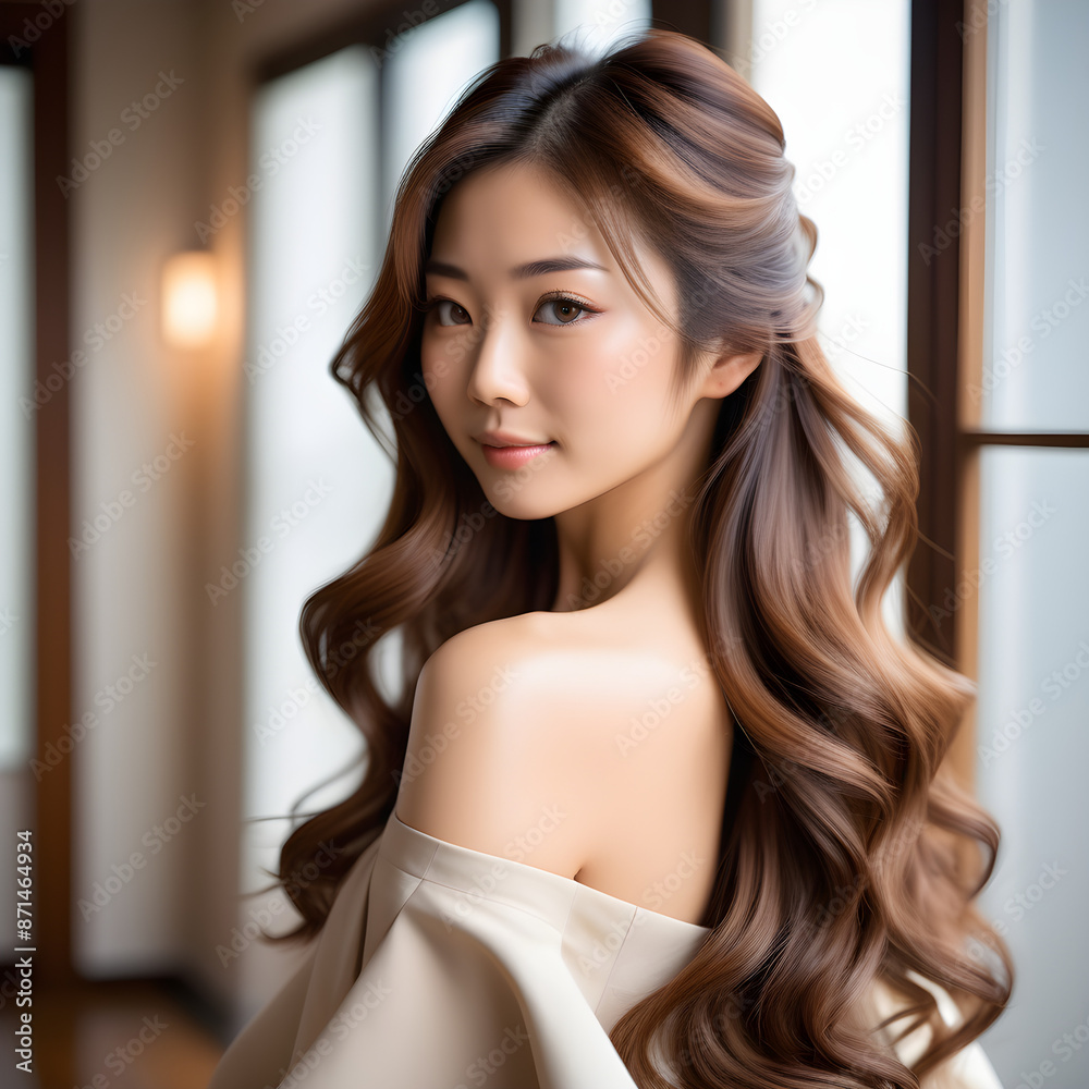 In the beautiful face portrait of the Japanese woman, her cute and ...