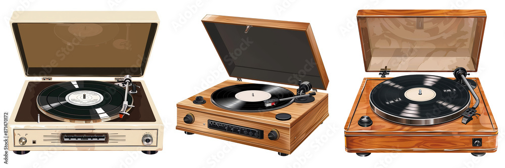 Vintage turntables playing vinyl records, featuring classic designs and ...