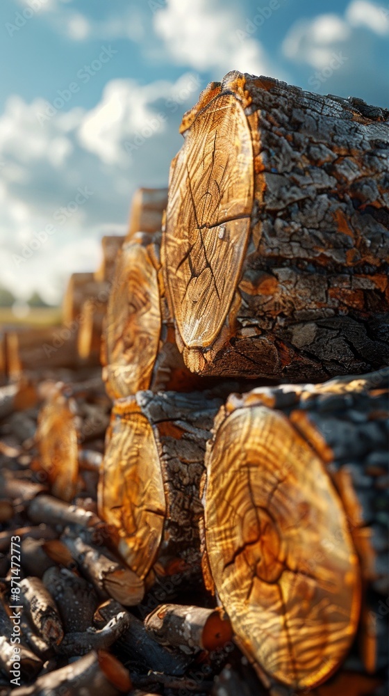 Deforestation forest and Illegal logging. Cutting trees. Stacks of cut ...