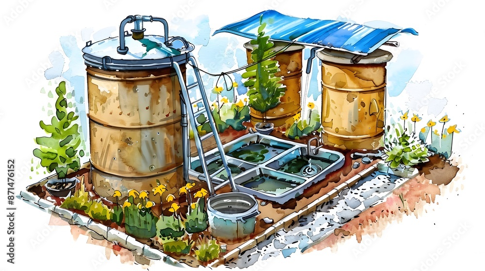 Watercolor of Rainwater Harvesting System Promoting Water Conservation ...