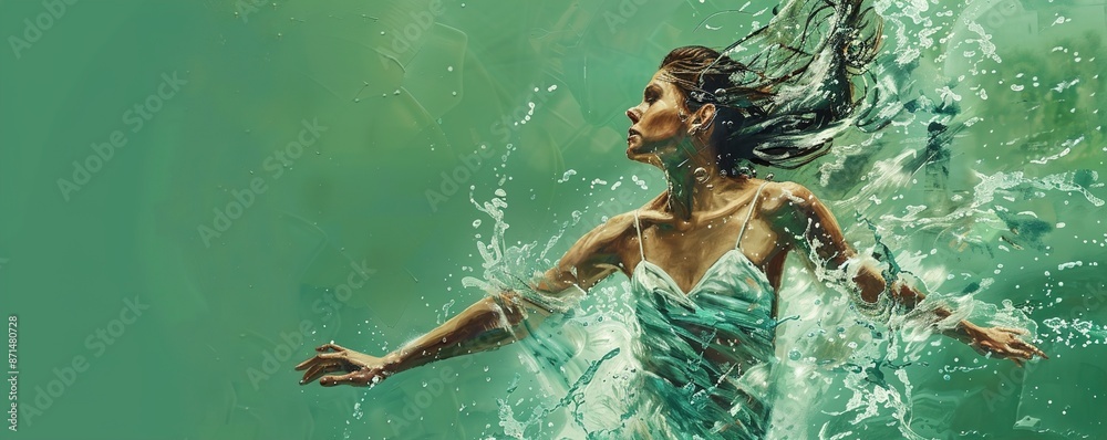 An expressive water painting of a model in mid-dance, her dynamic ...